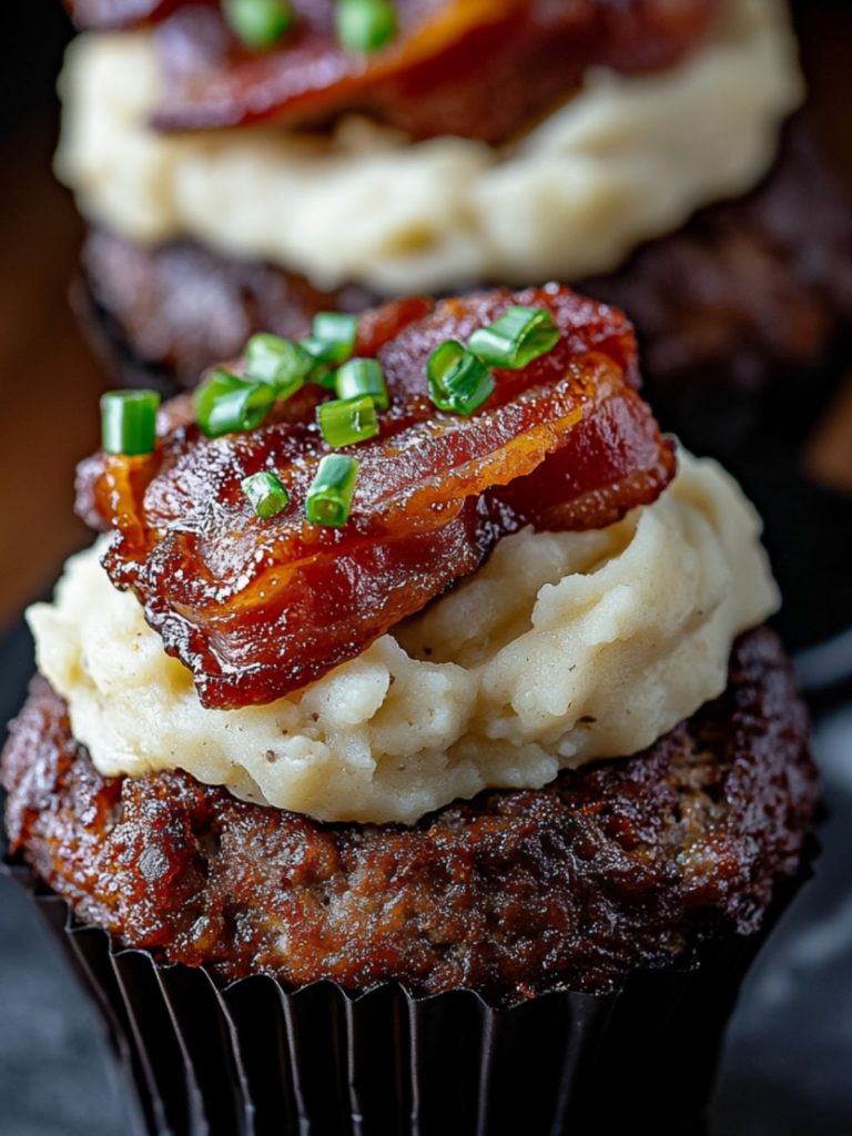 Smoky Bourbon BBQ Bacon-Wrapped Meatloaf Cupcakes with Mashed Potato ...